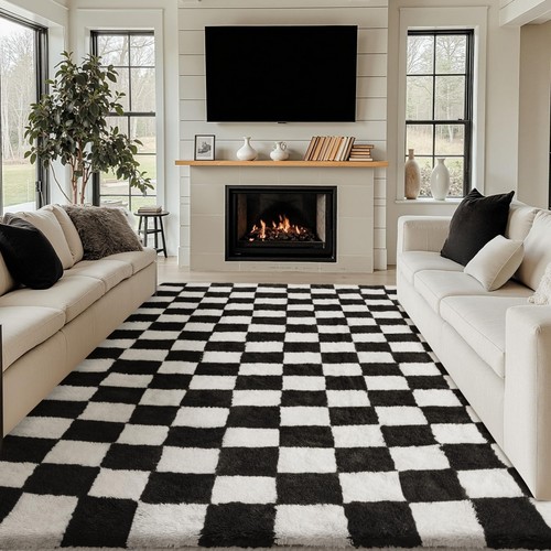 Checkered Rug 8x10 for Living Room, Black and White Modern Shag Rug ...