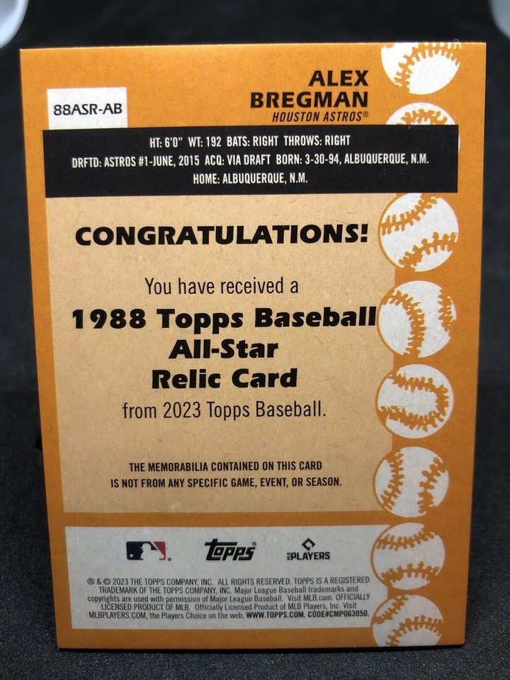 2023 Topps '88 Topps All Star Relics #88ASR-AB Alex Bregman Astros Game ...