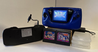 Sega Game Gear Blue Handheld System w/ 3 Sonic Games & PowerBack ...