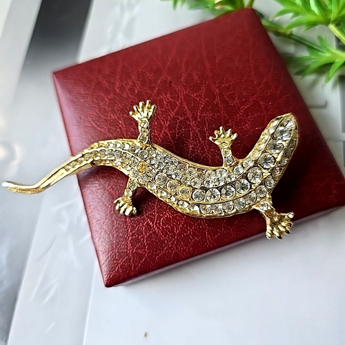 Vintage Gold Tone Glass Rhinestones Green Eyes Lizard Pin Brooch | eBay