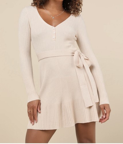 NWT Lulus Belted Cream Knit Sweater Dress S | eBay