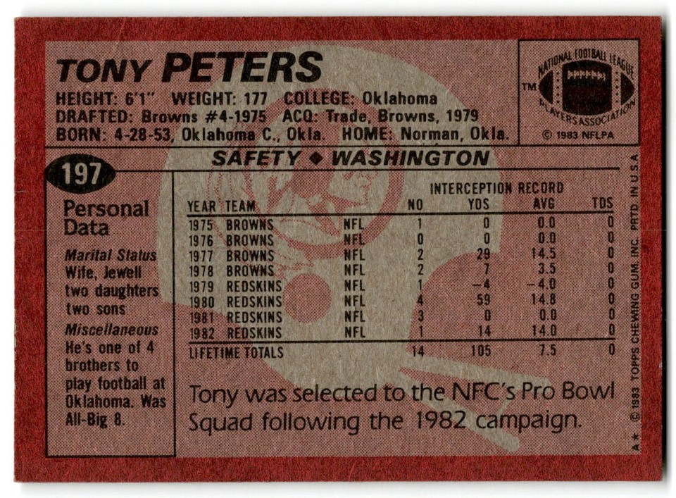 1983 Topps #197 Tony Peters Washington Redskins | eBay