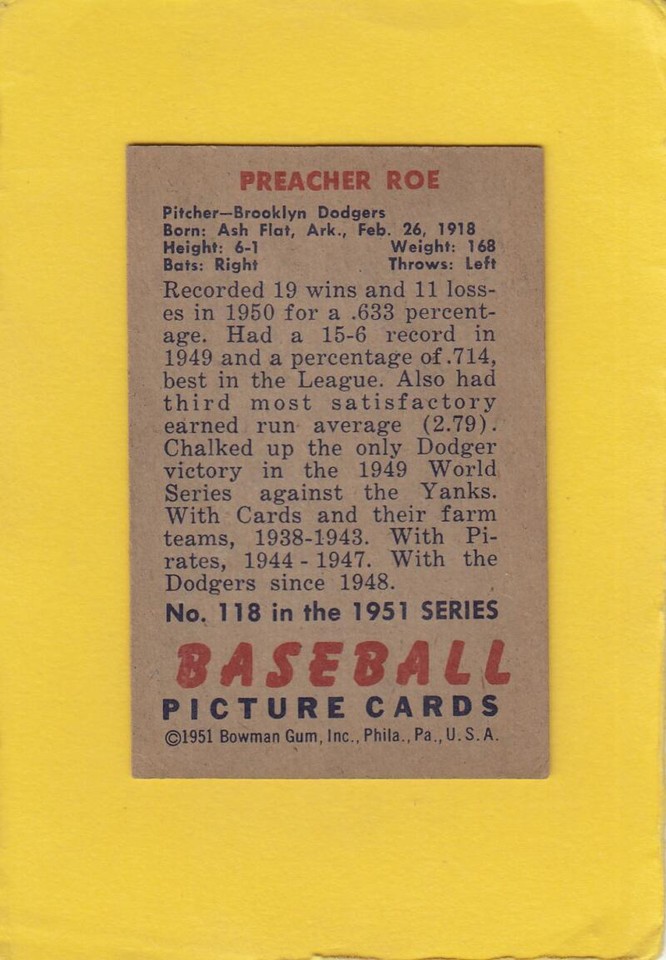 1951 Bowman #118 Preacher Roe Dodgers VG/EX Very Good/Excellent #24342 ...