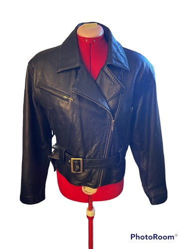 Women's Ms Maxima Black Leather Jacket Belted Motorcycle Size Large 3/4 ...