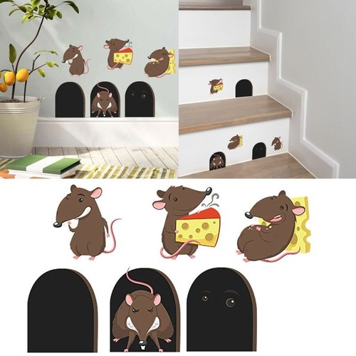 3D Wall Sticker Realistic Mouse Wall Sticker Miniature Mouse Hole Mural ...