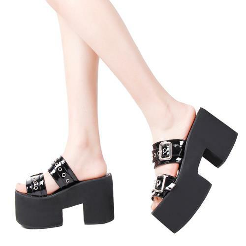Women Fashion Punk Peep Toe Buckle Strap Slippers Chunky Heels Platform ...