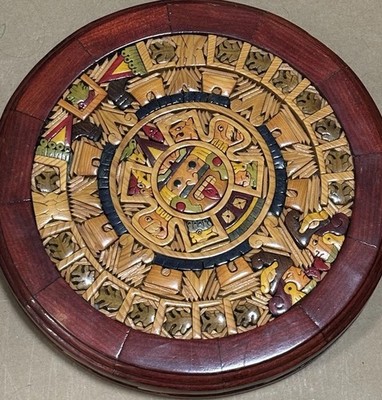 Aztec Mayan Sun Calendar Wall Hanging – Hand Carved Solid Wood Inlay ...