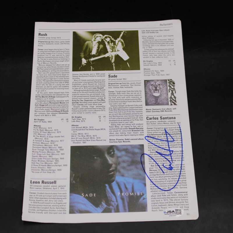 Carlos Santana Signed Page Rock & Roll Encyclopedia Autograph JSA COA ...