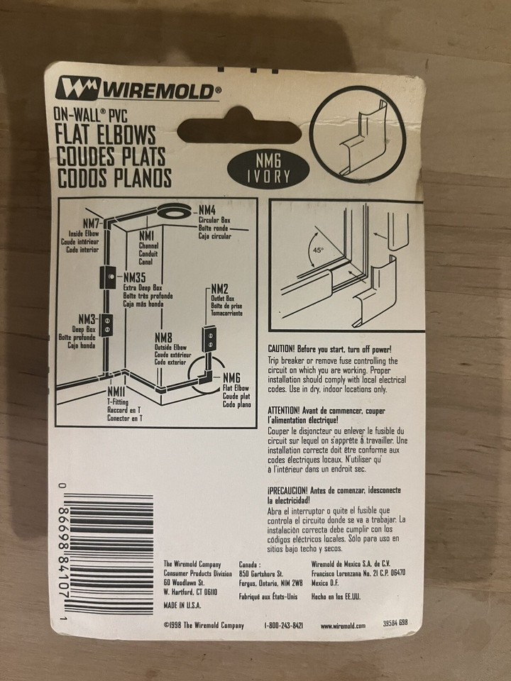 NIP WIREMOLD NM6 IVORY ON-WALL PVC FLAT ELBOWS EASY TO INSTALL ...