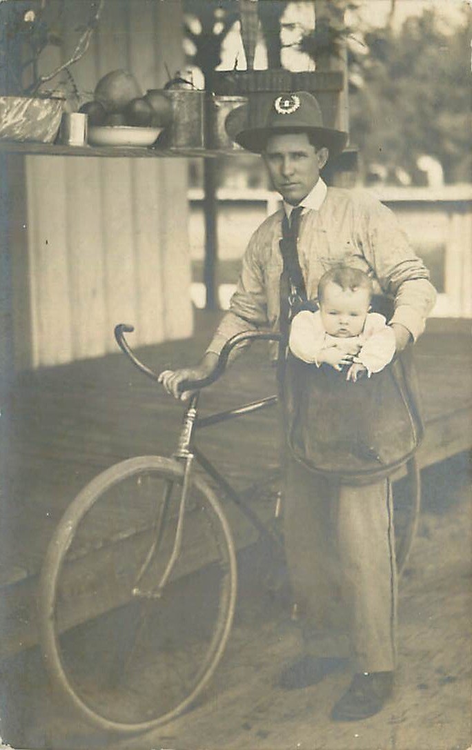 Real Photo Postcard Mailman on Bicycle Delivery Baby in Mail Bag ...