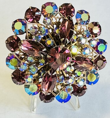 Round Purple & AB Rhinestone Vintage Brooch Pin Dazzling Gold Tone ...