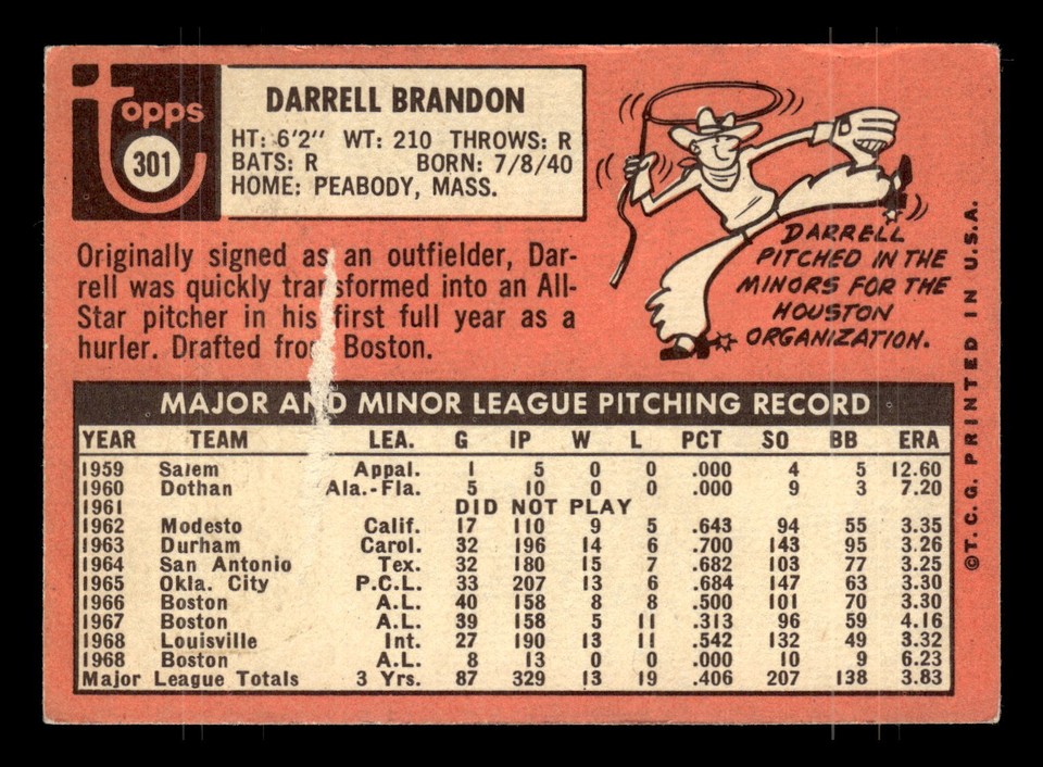 Darrell Brandon 1969 Topps #301 Seattle Pilots Vg-Ex | eBay