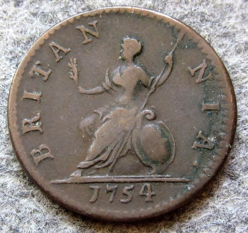 GREAT BRITAIN GEORGE II 1754 FARTHING, US EARLY DAYS COLONIAL COPPER ...