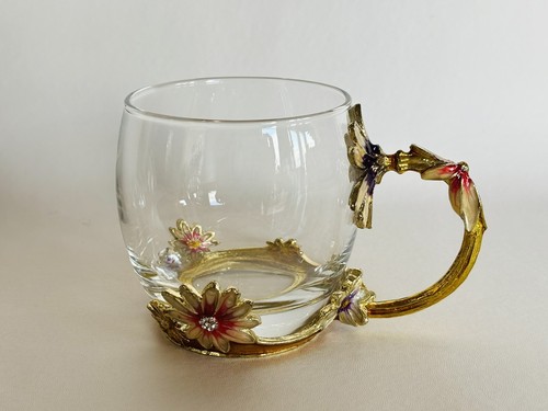 ARC of France Clear Glass Tea Coffee Cup Mug 32C1 Gold Tone Floral ...