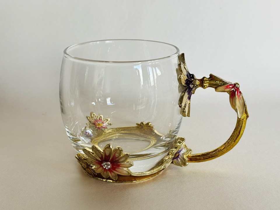 ARC of France Clear Glass Tea Coffee Cup Mug 32C1 Gold Tone Floral ...