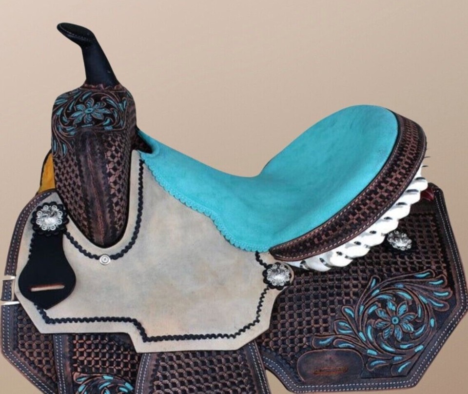 Western Leather Barrel Horse Saddle turquoise Tack set 10" -18" Free ...