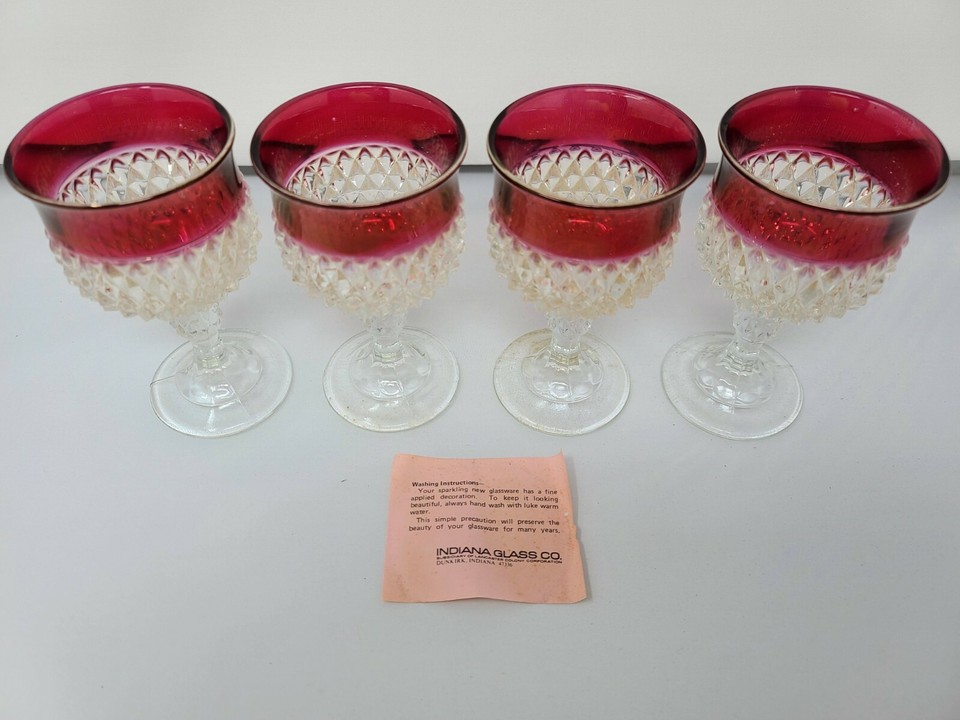 Set of 4 Vintage Indiana Glass Ruby Flash Diamond Point 6oz Goblets | eBay