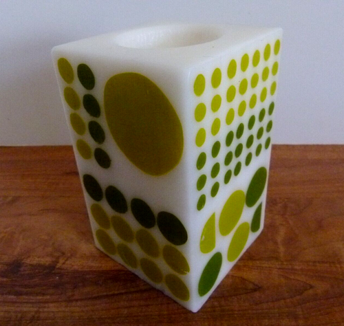 Vintage Retro Green & White DOTS CIRCLES square candle 5x3" Burned once ...