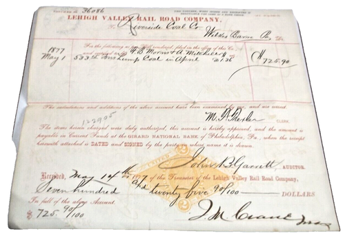 MAY 1877 LEHIGH VALLEY RAILROAD VOUCHER LUMP COAL WILKES BARRE ...