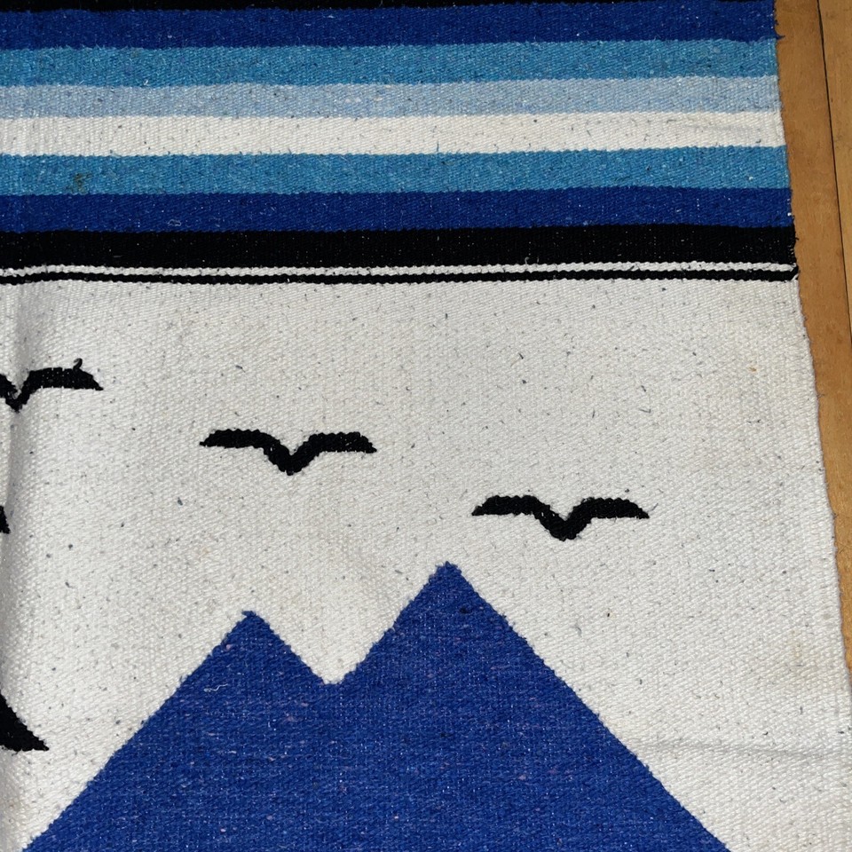 Large Vintage Mexican Blanket Saltillo Serape Rug Blue & White 79” x 47 ...