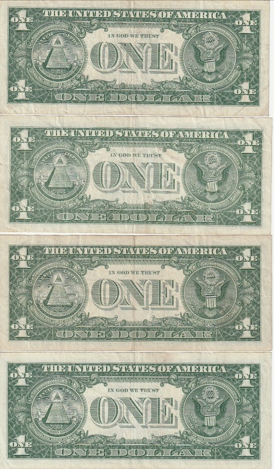 U S 4 Lot $1 Dollar Silver Banknotes 1957 Extra Fine-Very Fine Grade Fr ...