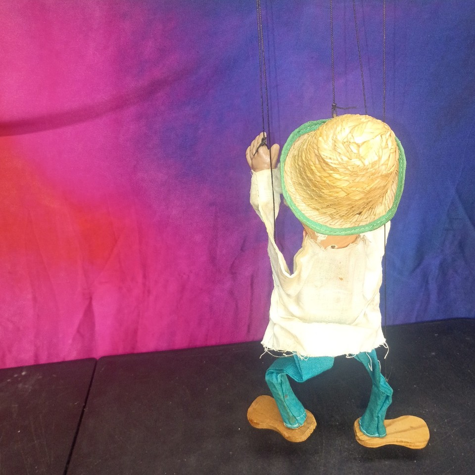 Vintage Mexican Marionette Puppet Clown Straw Hat Folk Art Hand Painted ...