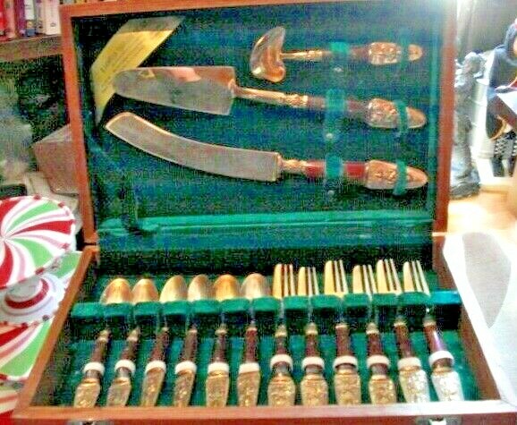 Vtg. S. Samran Thailand Co. Bronze Cutlery Dessert 15 Pieces in Wood ...