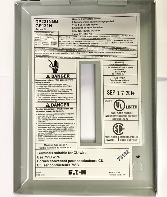 Eaton DP221NGB 240 VAC 30 Amp 3 Wire NEMA 1 Plug Fuse Safety Switch for ...