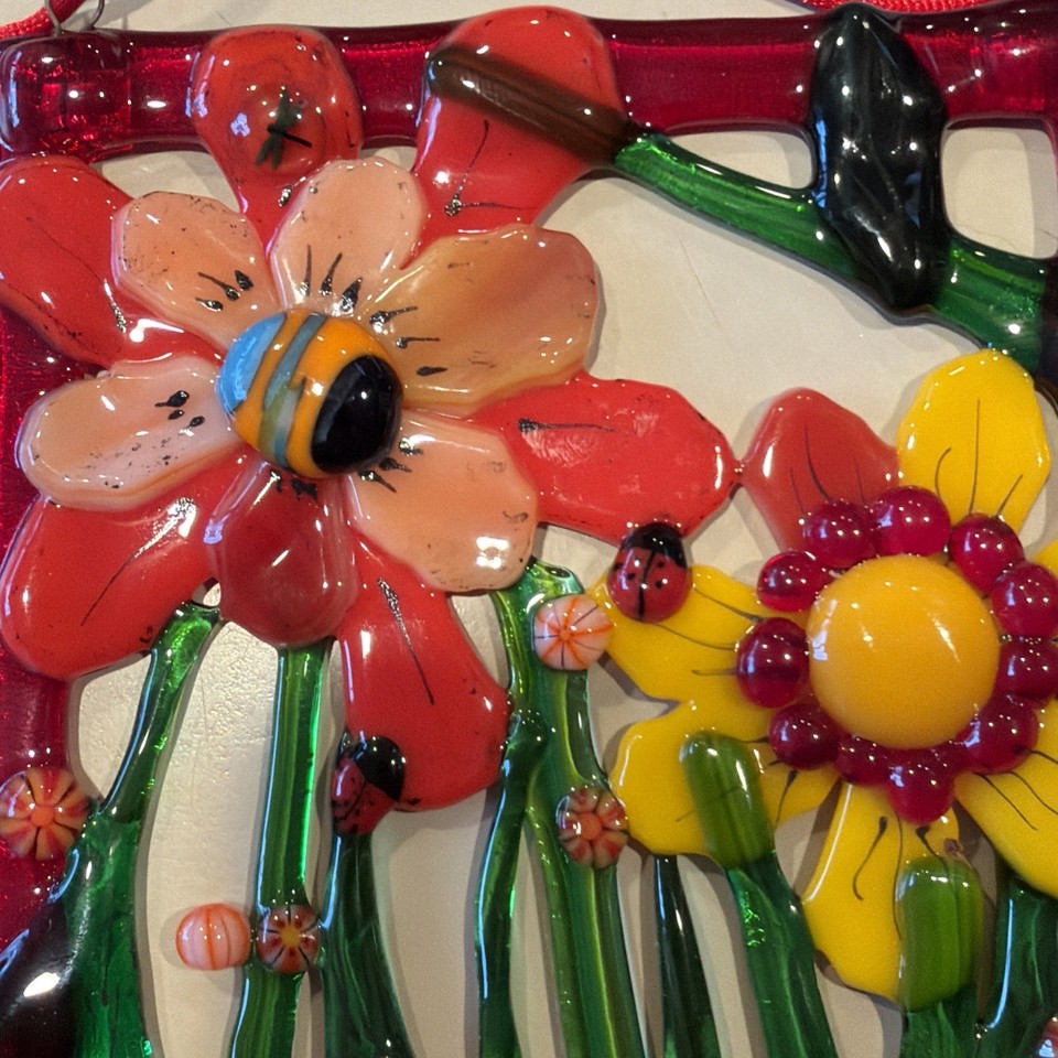 Fused Glass Handmade Rectangular Multicolor Sun Catcher Signed By ...