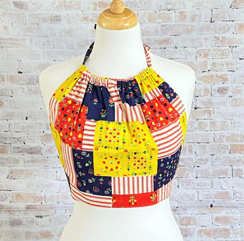 Womens OOAK Retro Patchwork Halter Top Size Medium Yellow Red | eBay