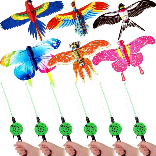 6 Pcs Mini Fishing Rod Kite,Vivid Butterfly Swallow Parrot, Easy to Fly ...
