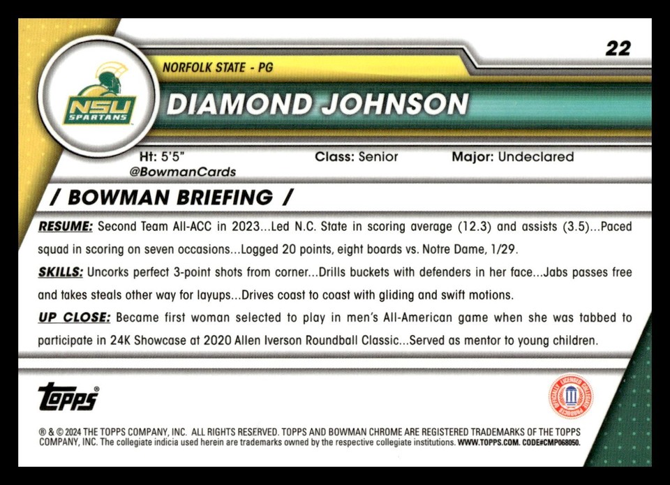 2023-24 Topps Bowman Chrome University 22 Diamond Johnson - Norfolk ...