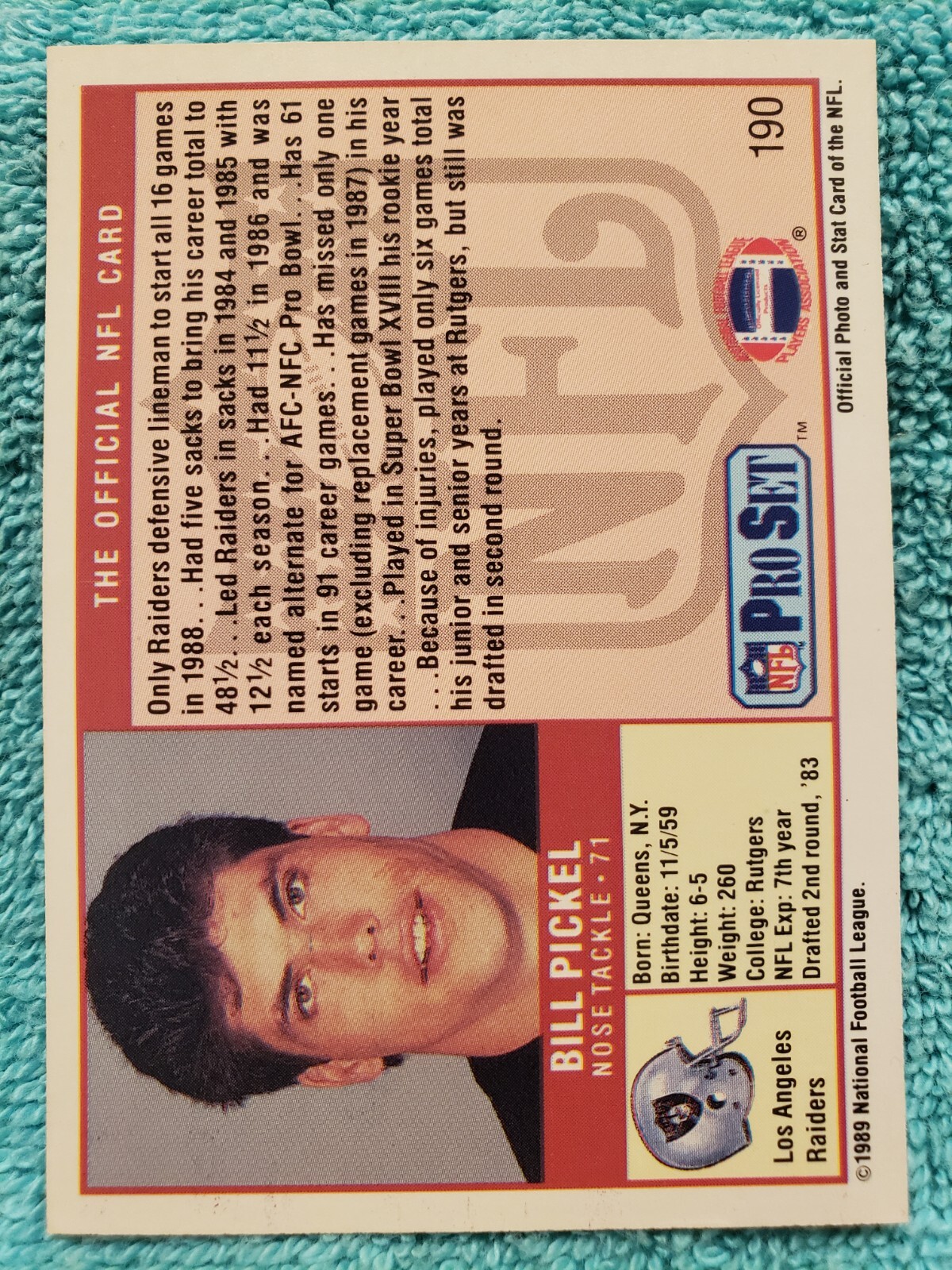 1989 PRO SET BILL PICKEL #190 LOS ANGELES RAIDERS | eBay