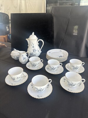 KAISER SILVER DAWN GERMANY BLUE ROSES GOLD TRIM TEA SET 6 Plates 6 Cup ...