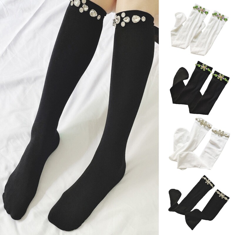 Women Striped Knee High Socks Preppy Style Colored Crystal Thin ...