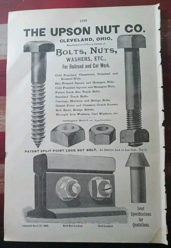 1890 Print Ad UPSON NUT COMPANY Cleveland Ohio Bolts Washers Railroad ...