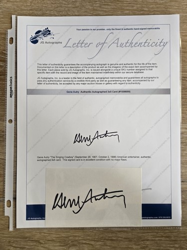 Gene Autry Autographed Signed 3x5" W/ JG COA "The Singing Cowboy" | eBay