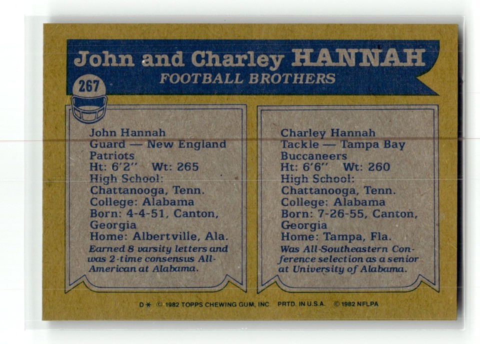 1982 Topps - Football Brothers John Hannah, Charley Hannah #267 ...