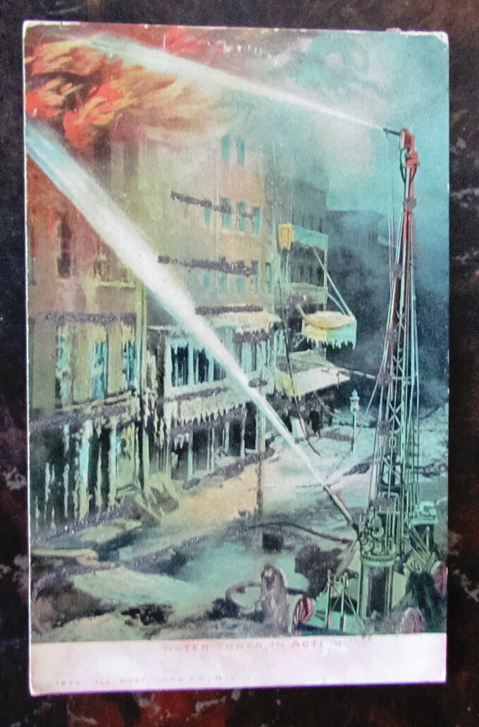 Vintage Postcard Firefighter Water Tower in Action glitter | eBay