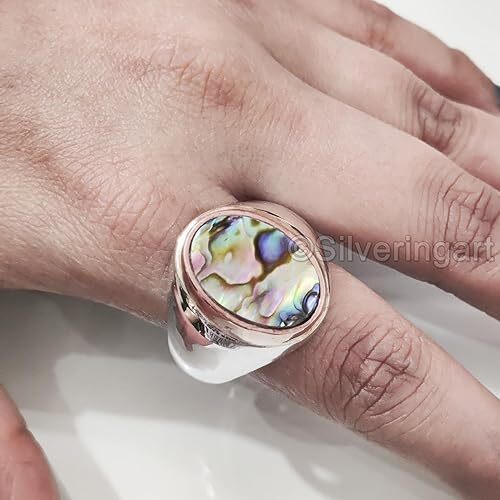NATURAL ABALONE SHELL 925 STERLING SILVER CHRISTMAS PLAIN SIGNET HEAVY ...
