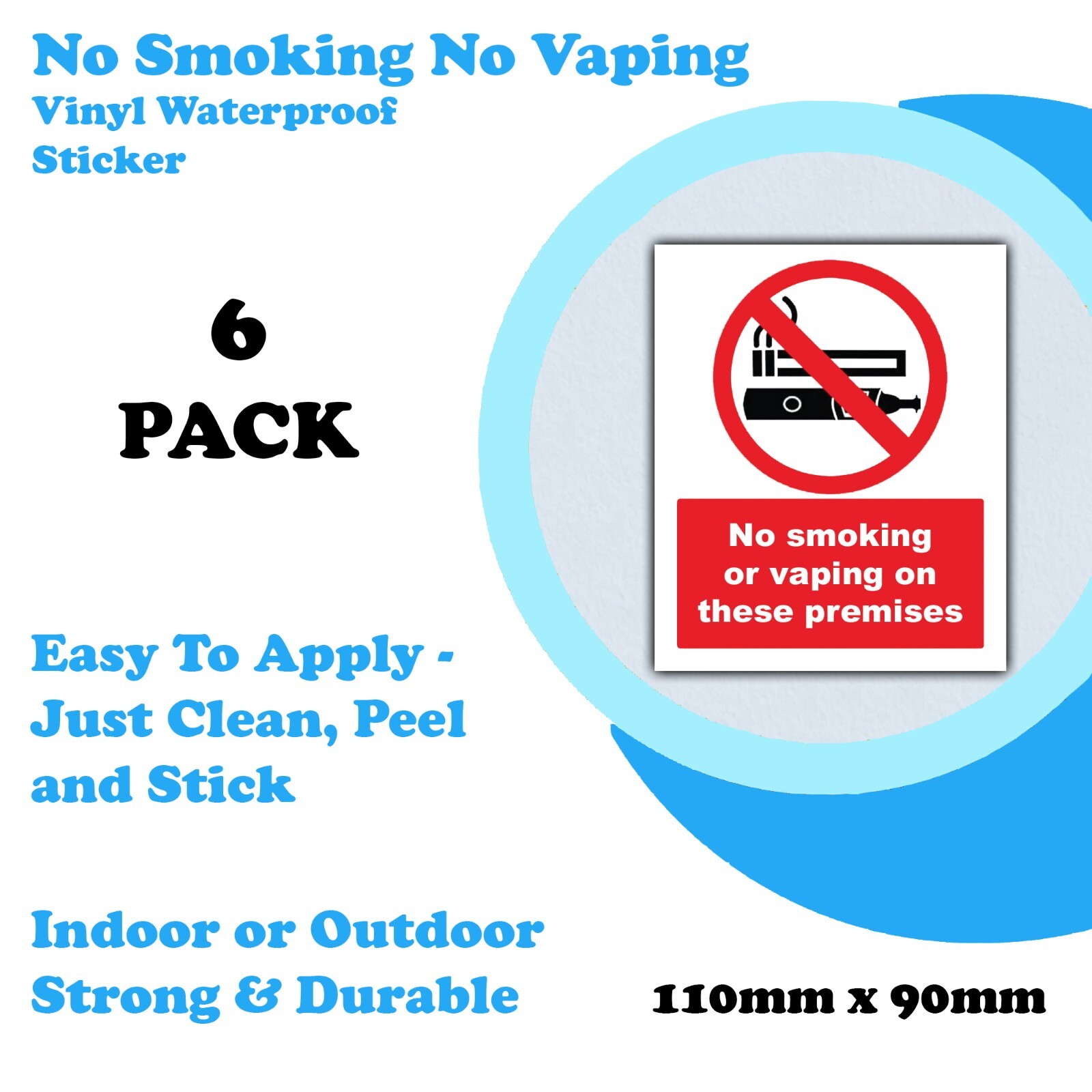 No Smoking No Vaping on Premises Waterproof Vinyl Sticker Sign 6 PACK ...