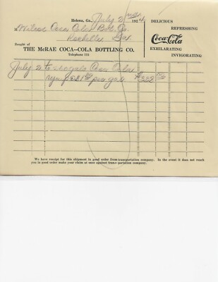 THE McRAE COCA-COLA BOTTLING CO. INVOICE DATED JULY 2nd, 1924 | eBay