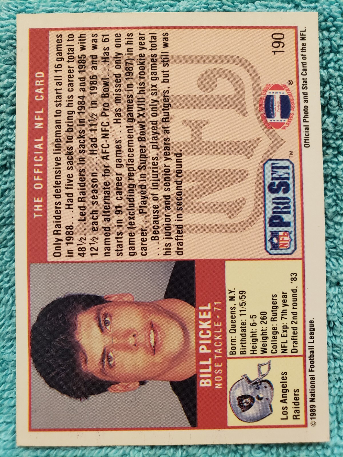 1989 PRO SET BILL PICKEL #190 LOS ANGELES RAIDERS | eBay