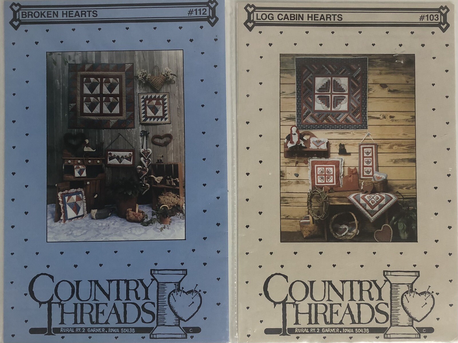 Set of 2 Country Threads Patterns ~ Log Cabin Hearts ~Broken Hearts ...