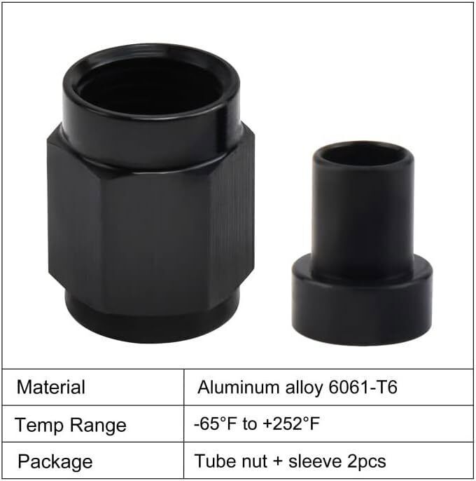 2PCS 6AN Female To 3/8" Tube Nut & Sleeve 37 Degree Aluminum Black ...