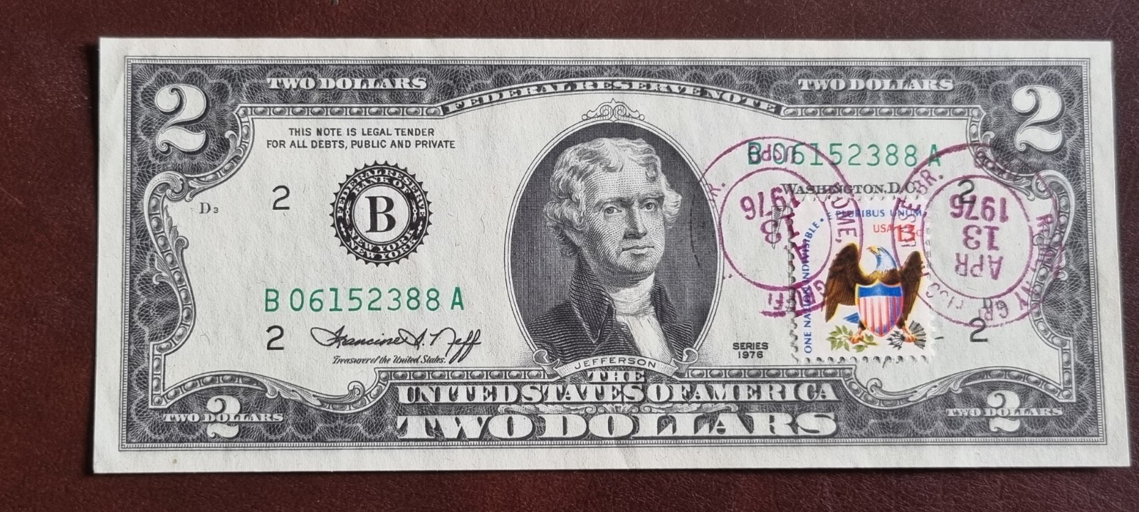 1976 Two Dollar Federal Reserve Note $2 First Day of Issue Postmarked ...