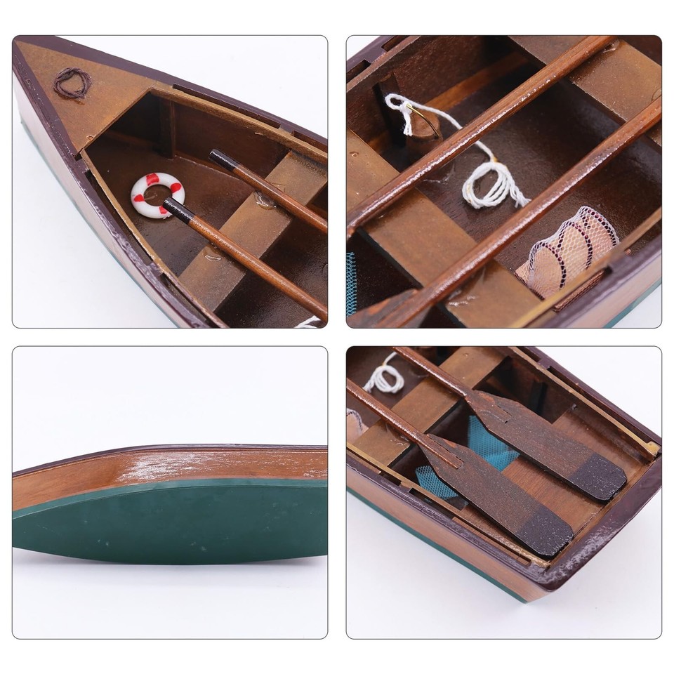 Handcrafted Wooden Rowboat Model with Oars, Vintage Decorative ...