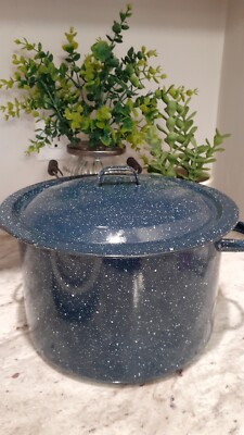 VINTAGE Enamelware Graniteware Cook Stew Stock Pot w/lid Blue 6" x 10 ...