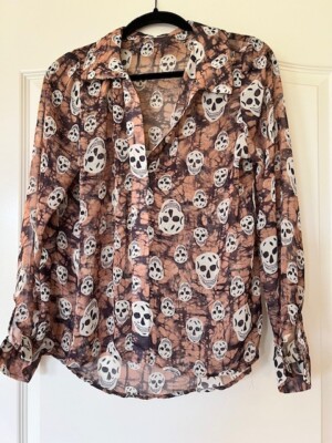 Women's long sleeve skull blouse, Halloween, collared v-neck M high low ...