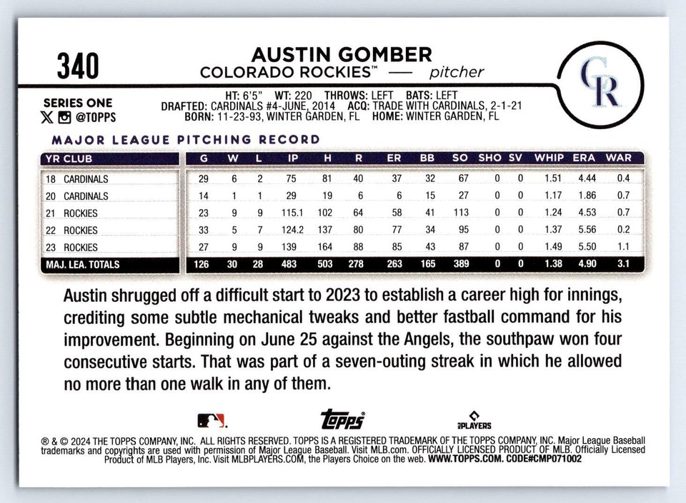 2024 Topps Royal Blue Austin Gomber #340 Colorado Rockies BASEBALL Card ...
